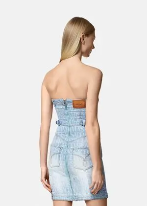Versace Strapless Denim Mini Dress With Logo Print