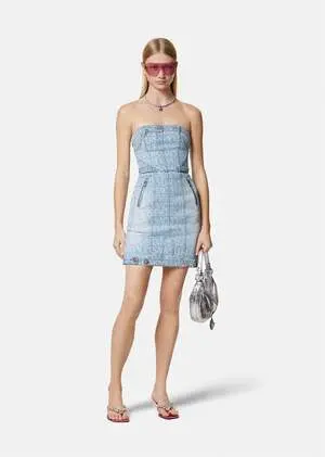 Versace Strapless Denim Mini Dress With Logo Print