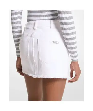 Michael Kors Frayed Denim Mini Skirt With Metal Buckles