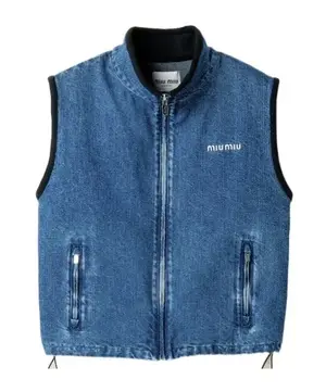 Miu Miu Denim Blouson Vest With Stand Collar And Drawstring Hem - Navy Blue