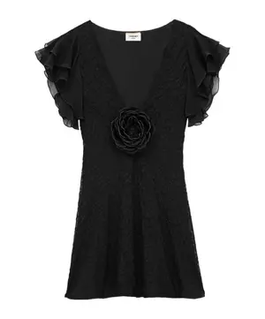 Saint Laurent V-neck Floral Detail Short Dress - Black