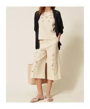 TWINSET Cropped Wide-leg Pants With Floral Embroidery - Nude