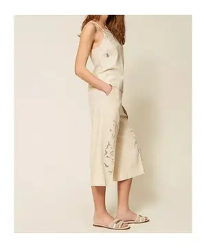 TWINSET Cropped Wide-leg Pants With Floral Embroidery - Nude