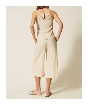 TWINSET Cropped Wide-leg Pants With Floral Embroidery - Nude