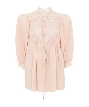 Chloé Fluid Puff-sleeved Blouse With Lace Appliqués