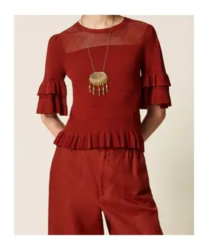 TWINSET Ruffle Rib Knit Mesh Jumper - Red