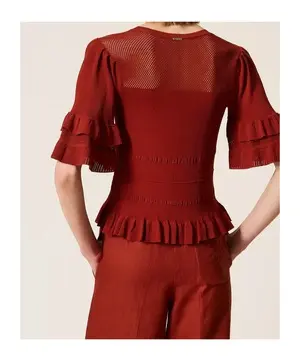 TWINSET Ruffle Rib Knit Mesh Jumper - Red