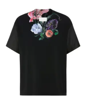 MAISON MARGIELA Floral Printed V-neck T-shirt - Black