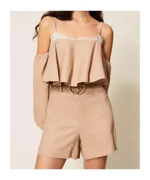 TWINSET Lace Trim Playsuit With Detachable Puff Sleeves - Nude