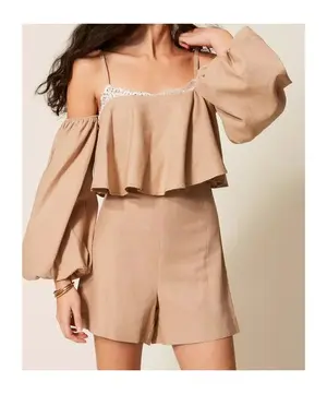 TWINSET Lace Trim Playsuit With Detachable Puff Sleeves - Nude
