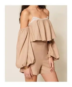 TWINSET Lace Trim Playsuit With Detachable Puff Sleeves - Nude