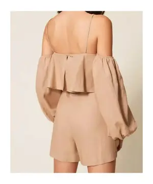TWINSET Lace Trim Playsuit With Detachable Puff Sleeves - Nude