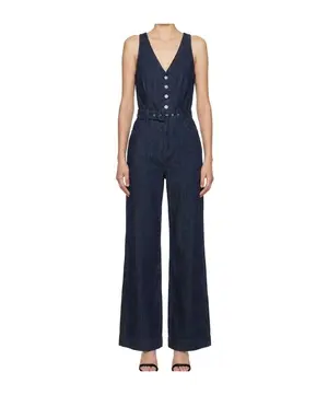 7 For All Mankind Sleeveless V-neck Belted Wide-leg Jumpsuit - No