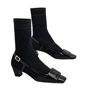 ROGER VIVIER Belle Vivier Sock Lacquered Buckle Ankle Boots