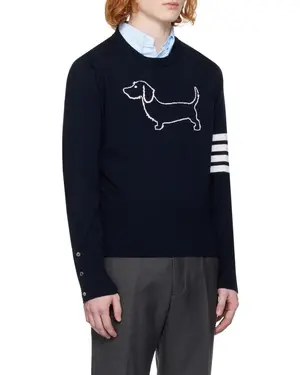 Thom Browne 4-bar Stripe Crewneck Jumper With Dachshund Motif - Navy Blue