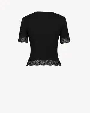 Saint Laurent Ribbed Henley T-shirt With Lace Cuffs - Black