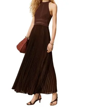 TWINSET Long Knit And Pleated Georgette Halterneck Maxi Dress - Black
