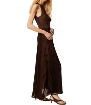 TWINSET Long Knit And Pleated Georgette Halterneck Maxi Dress - Black