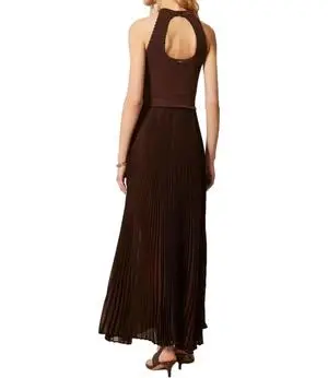 TWINSET Long Knit And Pleated Georgette Halterneck Maxi Dress - Black