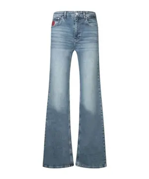 Moschino High Waist Wide Leg Jeans With Logo Patch