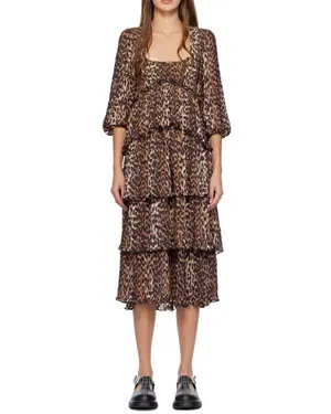 GANNI Leopard Printed Pleated Midi Dress