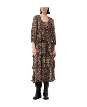 GANNI Leopard Printed Pleated Midi Dress