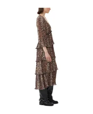 GANNI Leopard Printed Pleated Midi Dress