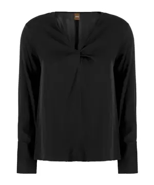 Hugo Boss V-neck Blouse With Pleated Front - Black
