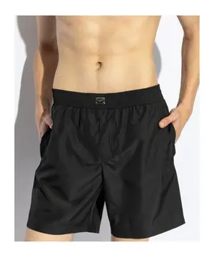 Dolce & Gabbana Elastic Waist Swim Shorts With Logo Plaque - Black