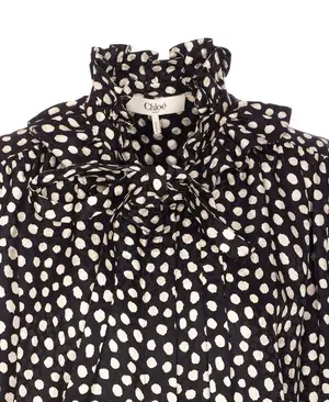Chloé Polka-dot Long Sleeve Shirt With Lace-up Front - Black/beige