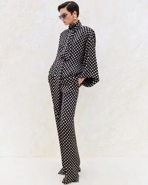 Saint Laurent Polka Dot High Waist Wide Leg Trousers - Black
