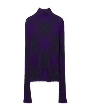 Burberry Checked Ribbed High Neck Jumper - Black