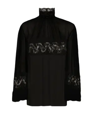 Dolce & Gabbana Lace Embellished Ruched High Neck Blouse