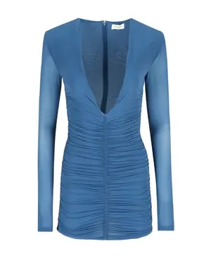 Saint Laurent Draped V-neck Long-sleeved Dress - Blue