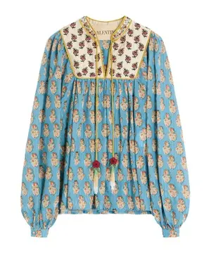 Valentino Garavani Embroidered V-neck Puff-sleeved Blouse