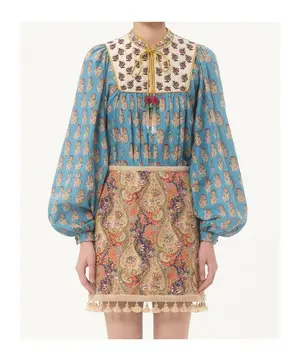Valentino Garavani Embroidered V-neck Puff-sleeved Blouse