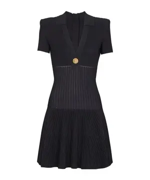 Balmain Short Flared Knit V-neck Dress With Lion Head Buttons