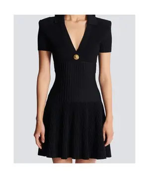 Balmain Short Flared Knit V-neck Dress With Lion Head Buttons