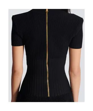 Balmain Short Flared Knit V-neck Dress With Lion Head Buttons