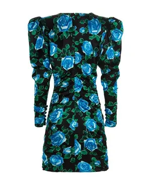 Alessandra Rich Rose Printed Satin Draped Mini Dress - Black