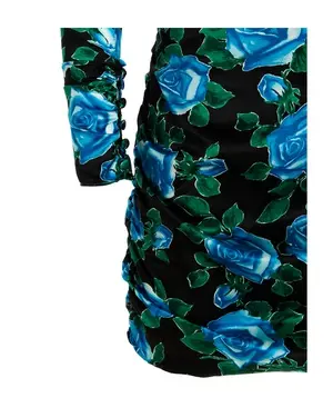 Alessandra Rich Rose Printed Satin Draped Mini Dress - Black