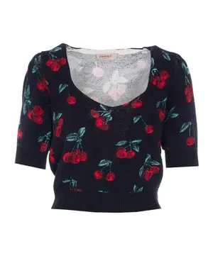TWINSET Short Sleeve Cherry Print Knit Top