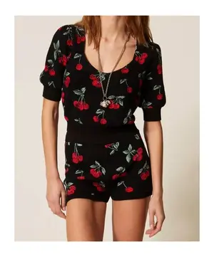 TWINSET Short Sleeve Cherry Print Knit Top