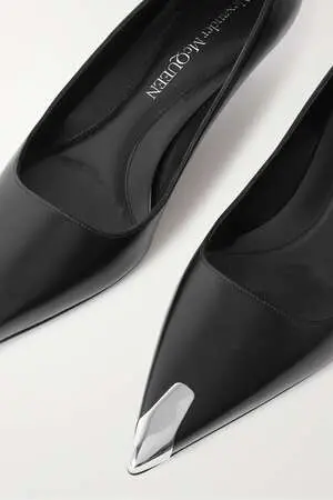 Alexander McQueen Pointed Toe Low Heel Leather Pumps With Metal Toe Cap