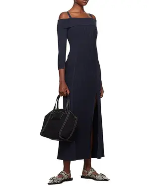 GANNI Melange Knitted Off-shoulder Maxi Dress - Dark Blue