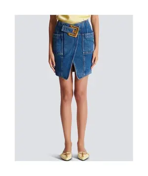 Balmain Belted Denim Mini Skirt