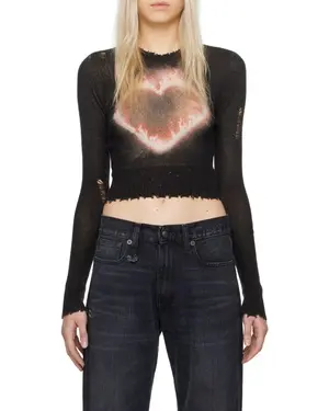 R13 Distressed Heart Print Long Sleeve Sweater