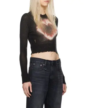 R13 Distressed Heart Print Long Sleeve Sweater