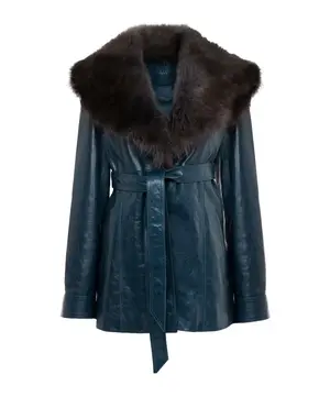 Chloé Leather Tie-waisted Coat With Fur Collar