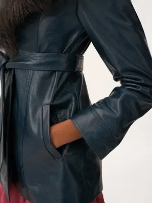 Chloé Leather Tie-waisted Coat With Fur Collar